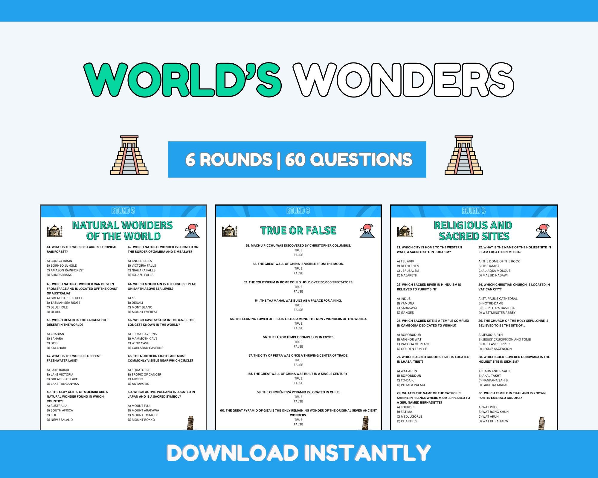 Wonders of the World Trivia Game | Printable Geography Quiz | Landmarks ...