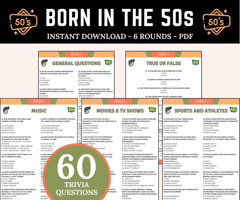 Born in the 50s Trivia | Fun Printable Trivia Game | 60 Trivia ...