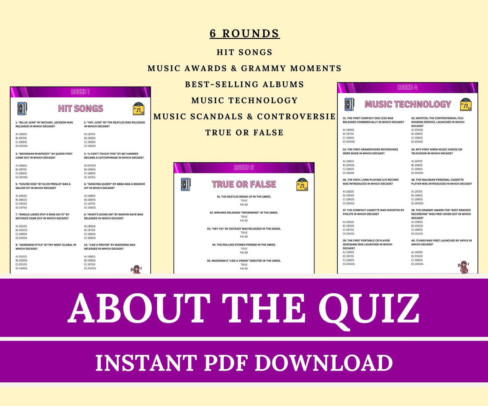 Guess the Decade: Music Trivia Game, Printable Music Quiz, Decade ...