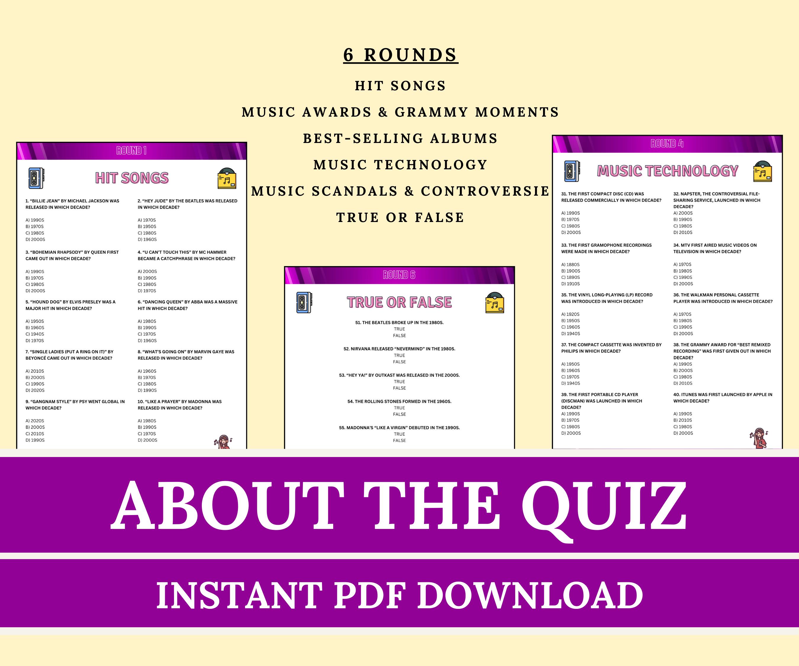 Guess the Decade: Music Trivia Game, Printable Music Quiz, Decade ...
