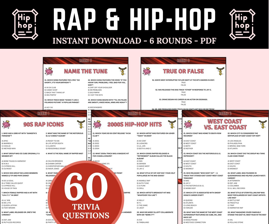 Hip-hop & Rap Trivia Game | Printable Hip Hop Lyrics Trivia | Name the ...