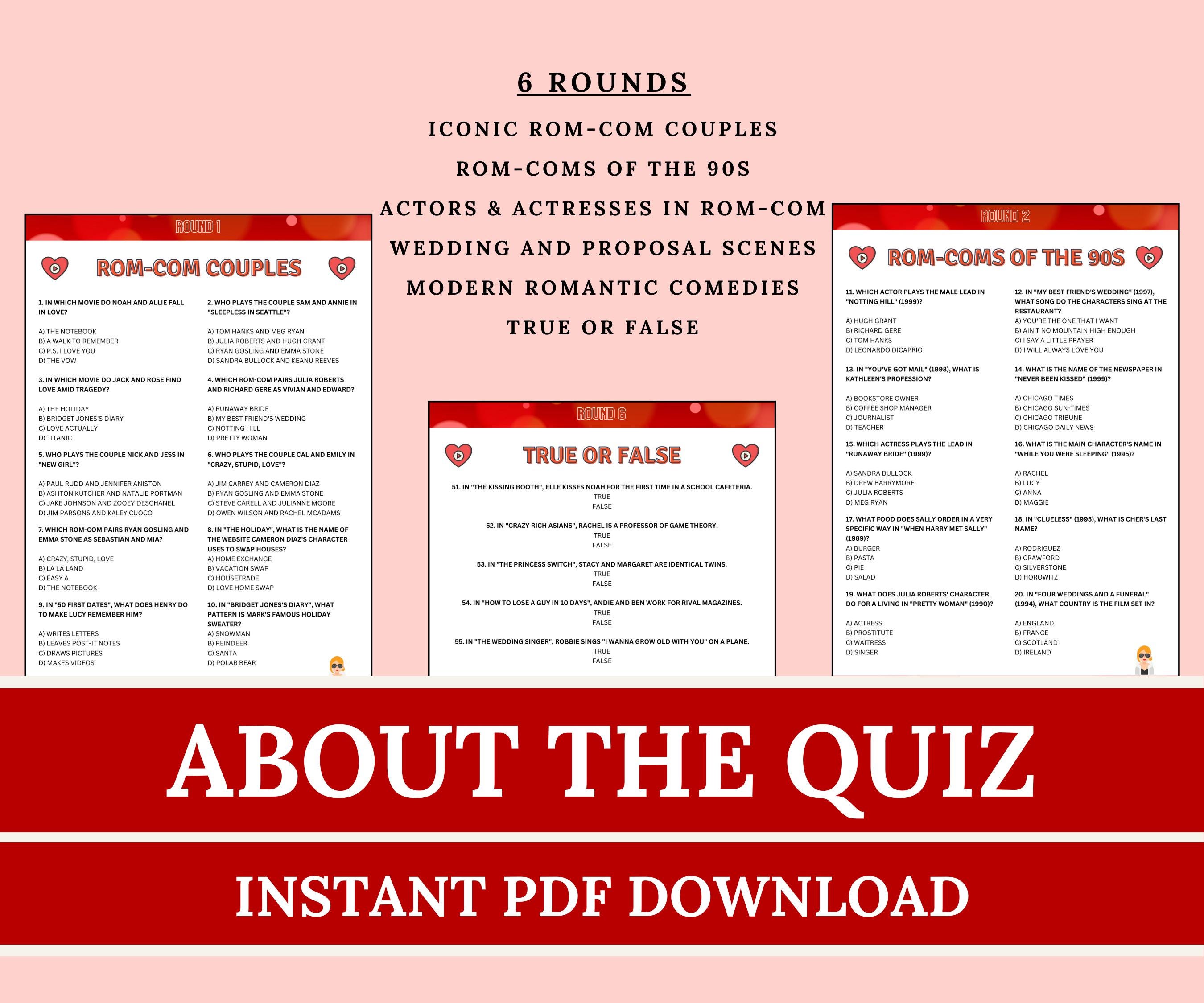 Rom-com Movie Trivia Game | Printable Romantic Comedy Trivia | Test ...