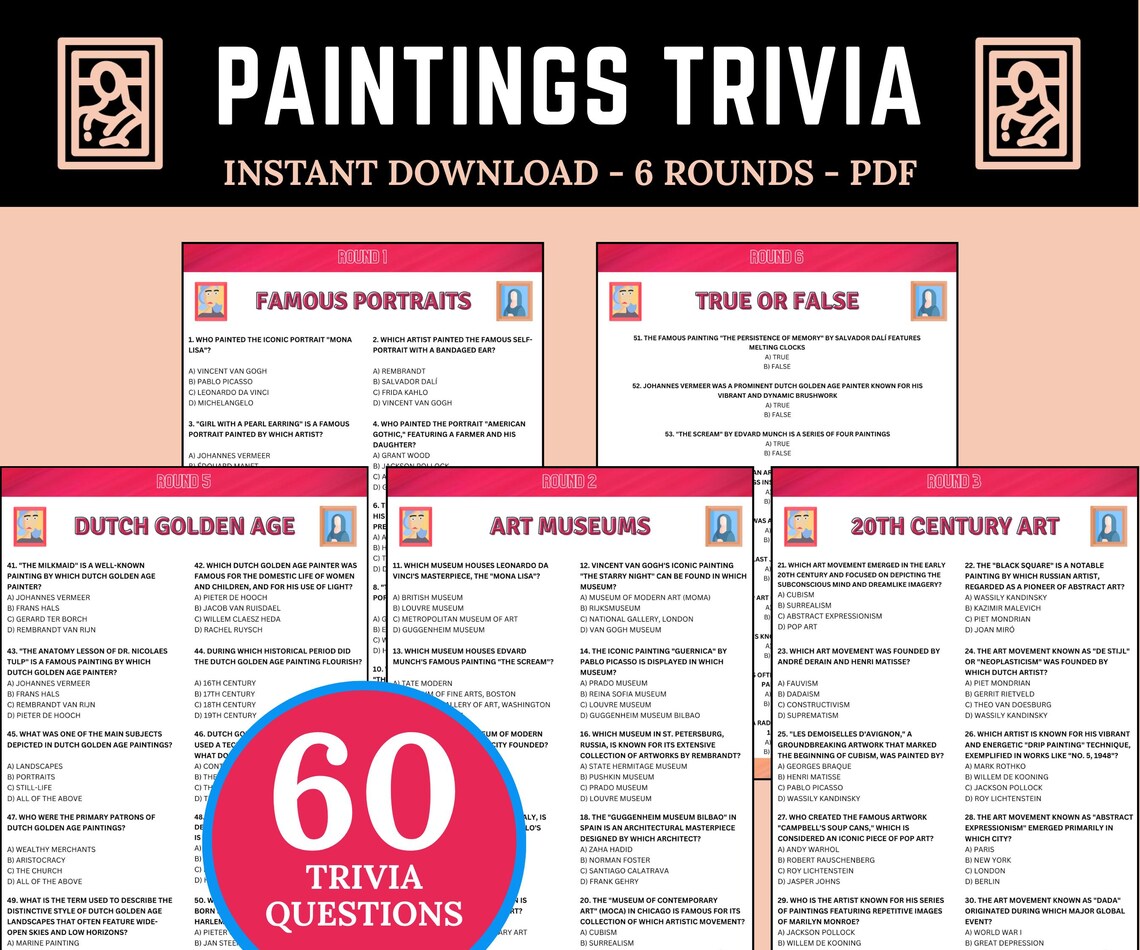 Paintings and Painters Trivia | Printable Trivia | 60 Trivia Night ...