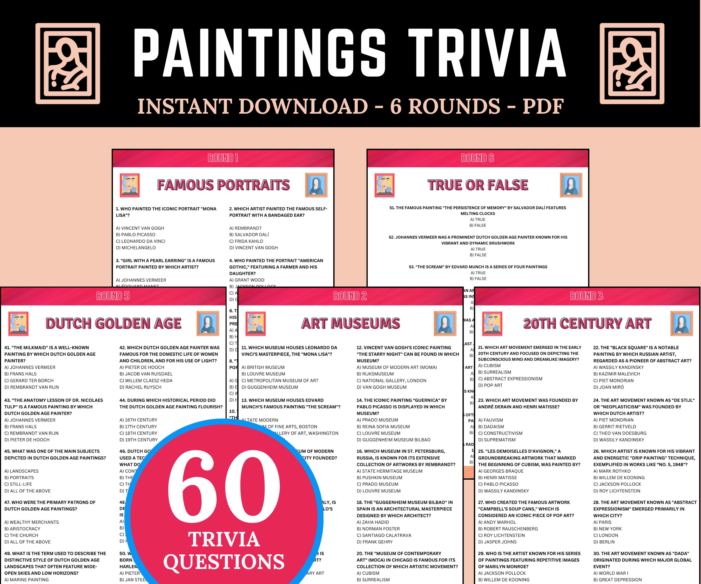 Paintings and Painters Trivia | Printable Trivia | 60 Trivia Night ...