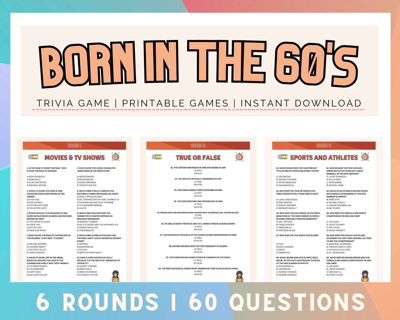 Born in the 60s Trivia | Fun Printable Trivia Game | 60 Trivia Night ...