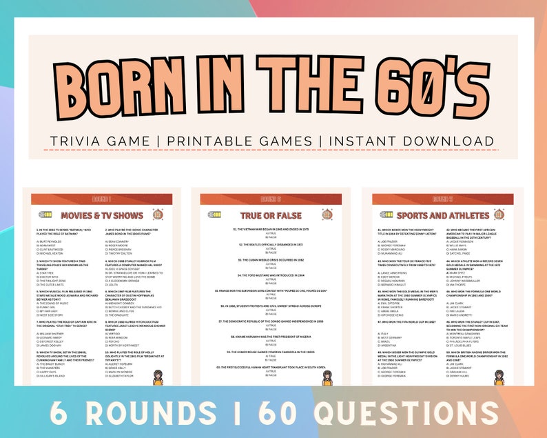 Born in the 60s Trivia | Fun Printable Trivia Game | 60 Trivia Night ...