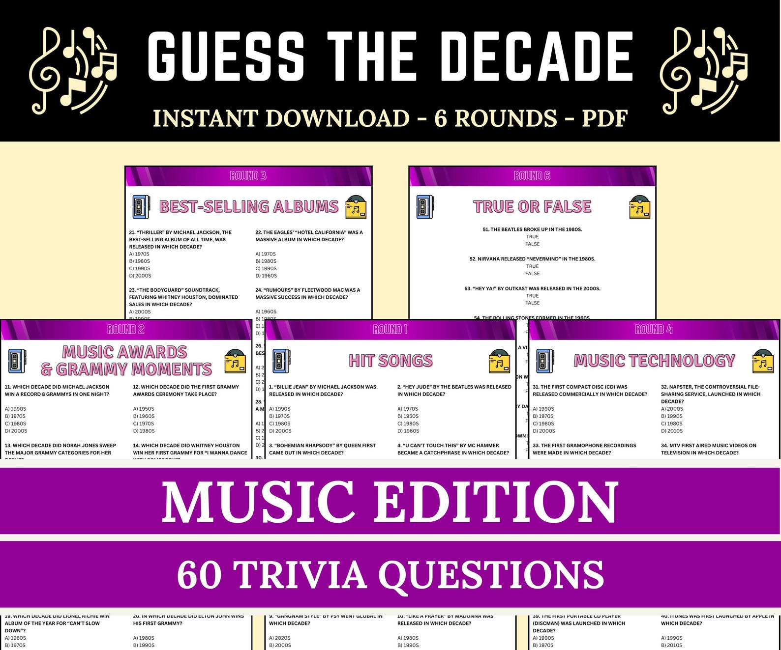 Guess the Decade: Music Trivia Game, Printable Music Quiz, Decade ...
