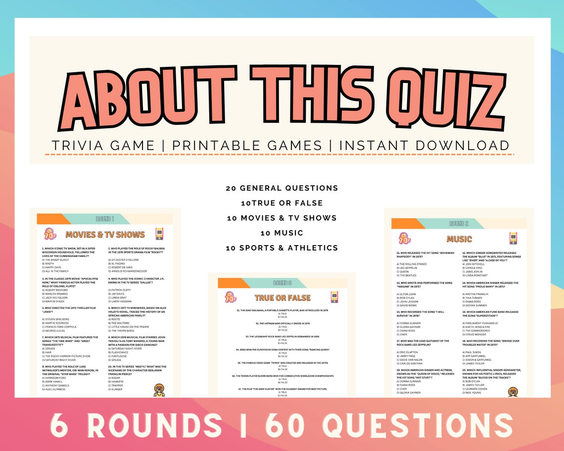 Born in the 70s Trivia | Printable Trivia Game | 60 Trivia Night ...