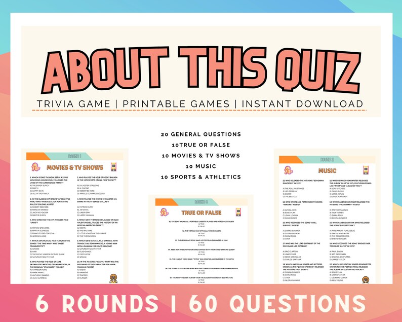 Born in the 70s Trivia | Printable Trivia Game | 60 Trivia Night ...