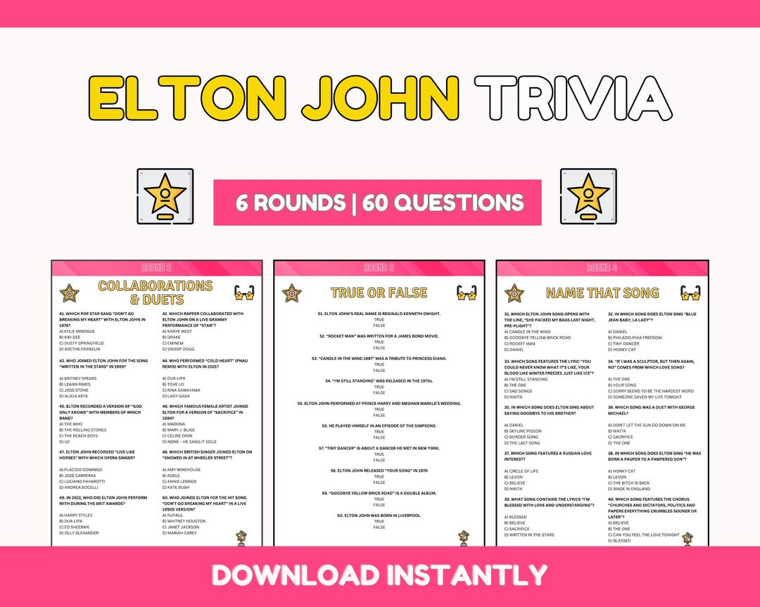 Elton John Trivia Game | Printable Elton John Quiz | 60 Music Trivia ...