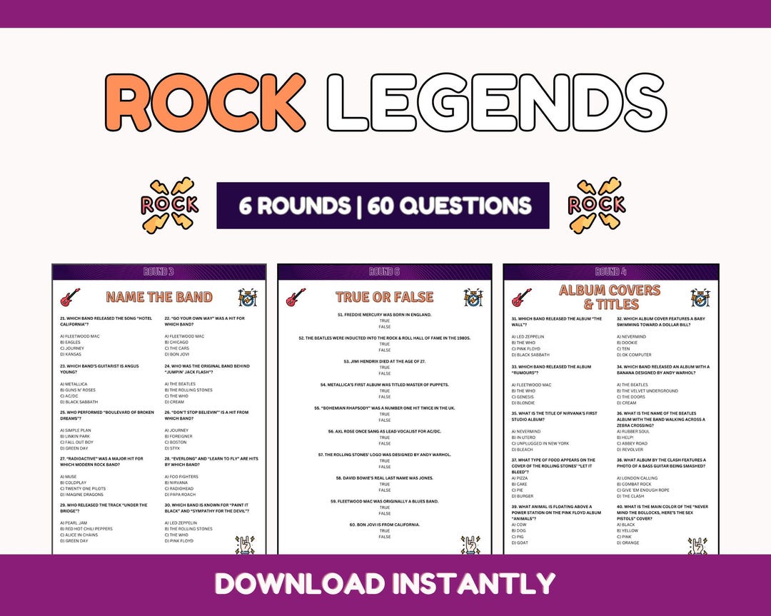 Rock Legends Trivia Game | Printable Classic Rock Quiz | Name the Band ...