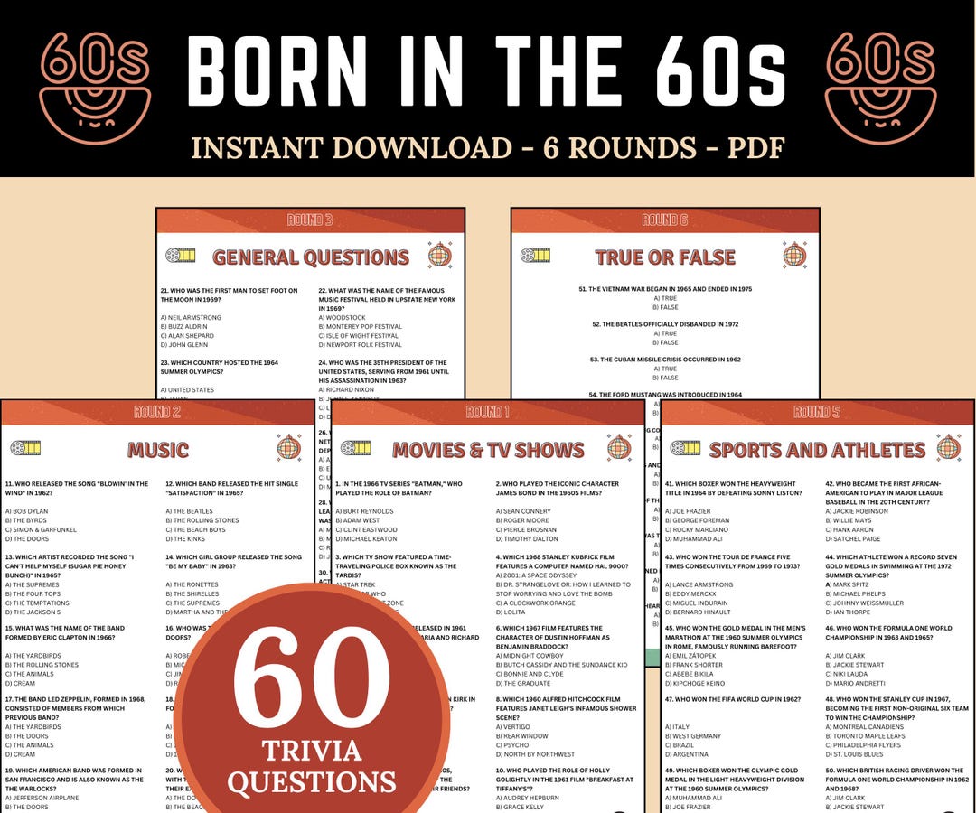 Born in the 60s Trivia | Fun Printable Trivia Game | 60 Trivia Night ...