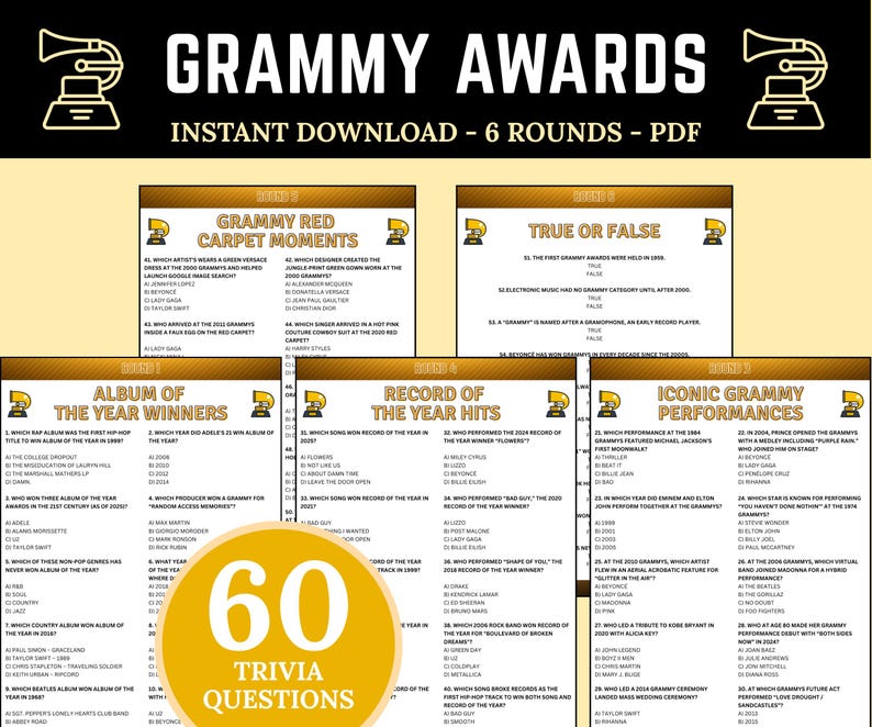 Grammy Awards Trivia Game | Printable Grammy Night Awards Activity ...