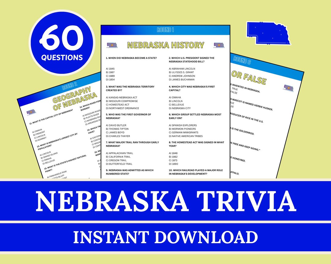 Nebraska Trivia Game, Printable US States Quiz, US Travel Activity ...