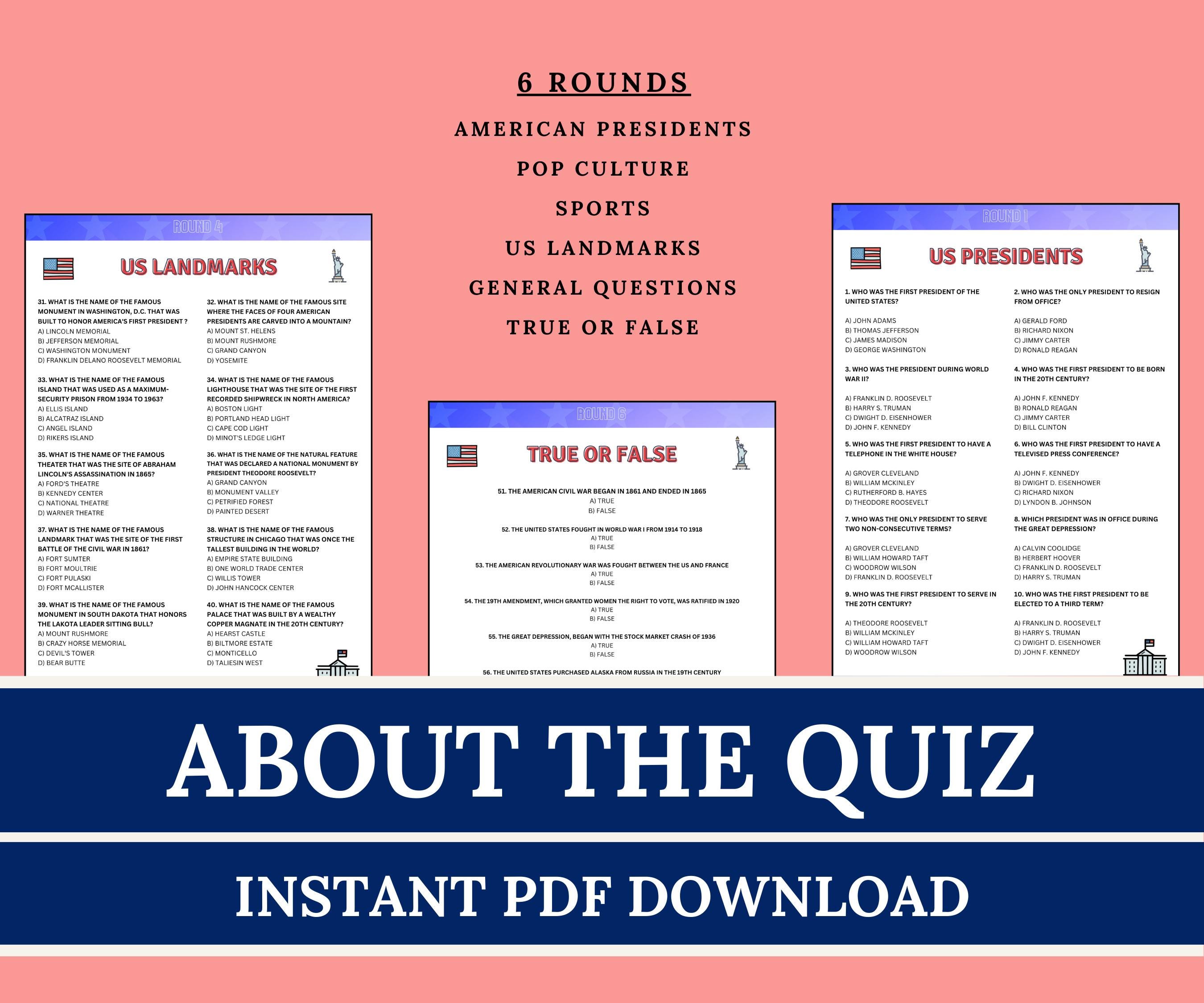 American History Trivia | Printable Trivia Game | Trivia Night ...