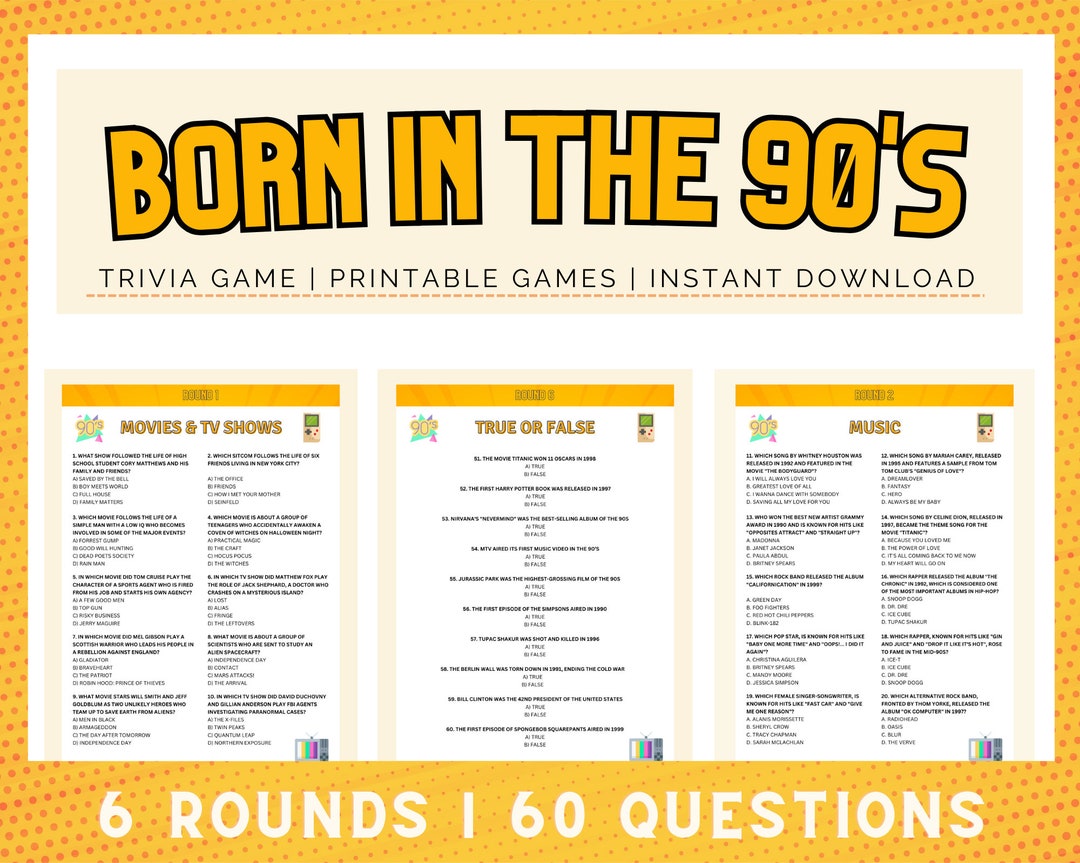 Born in the 90s Trivia | Fun Printable Trivia Game | 60 Trivia ...