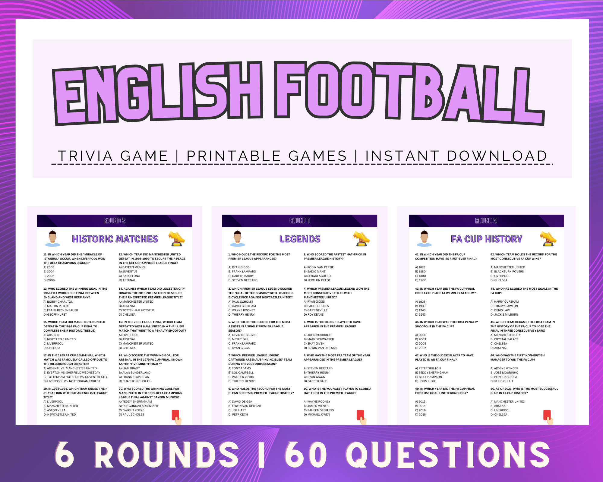 English Football Trivia Fun Printable Trivia Game 60 Trivia Questions ...