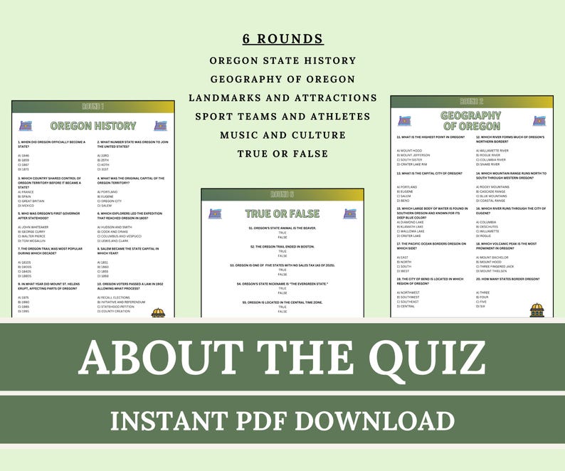 Oregon Trivia Game, Printable US States Pub Quiz, Oregon Road Trip Game ...