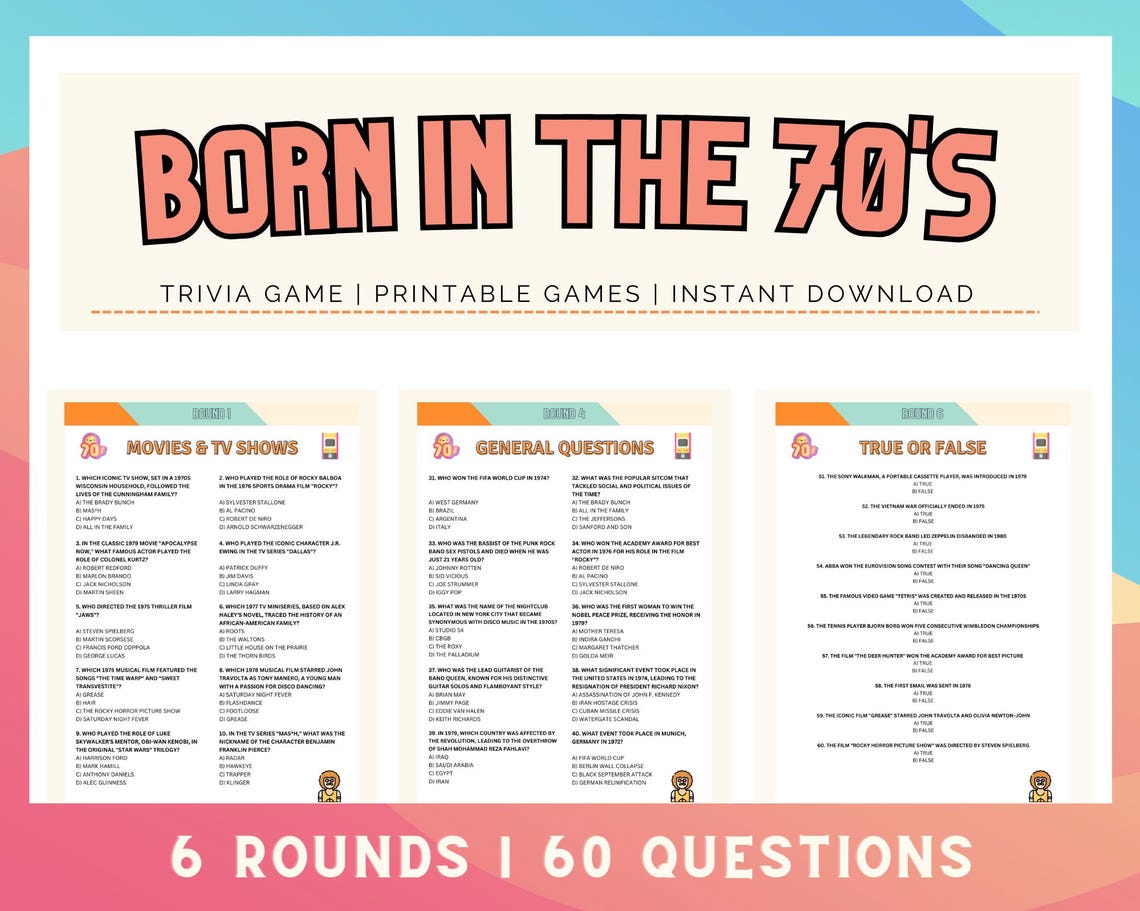 Born in the 70s Trivia | Printable Trivia Game | 60 Trivia Night ...