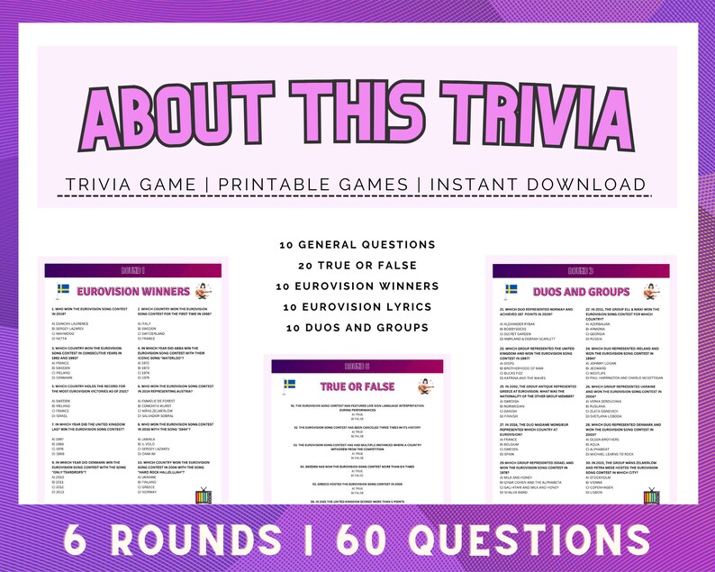 Eurovision Song Contest Trivia Fun Printable Trivia Game - Etsy