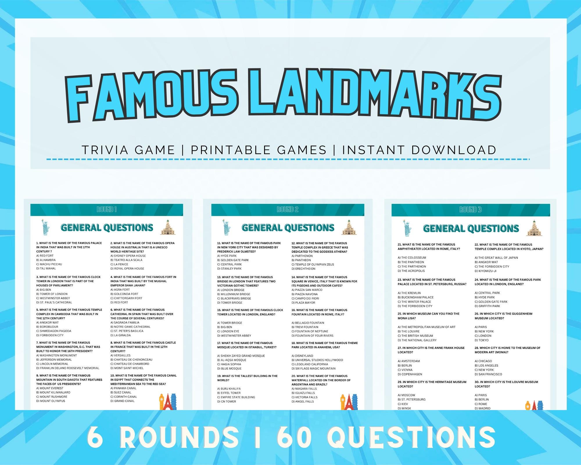 Famous Landmarks Trivia | Printable Fun Trivia Game | 60 Trivia ...