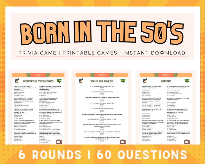 Born in the 50s Trivia | Fun Printable Trivia Game | 60 Trivia ...