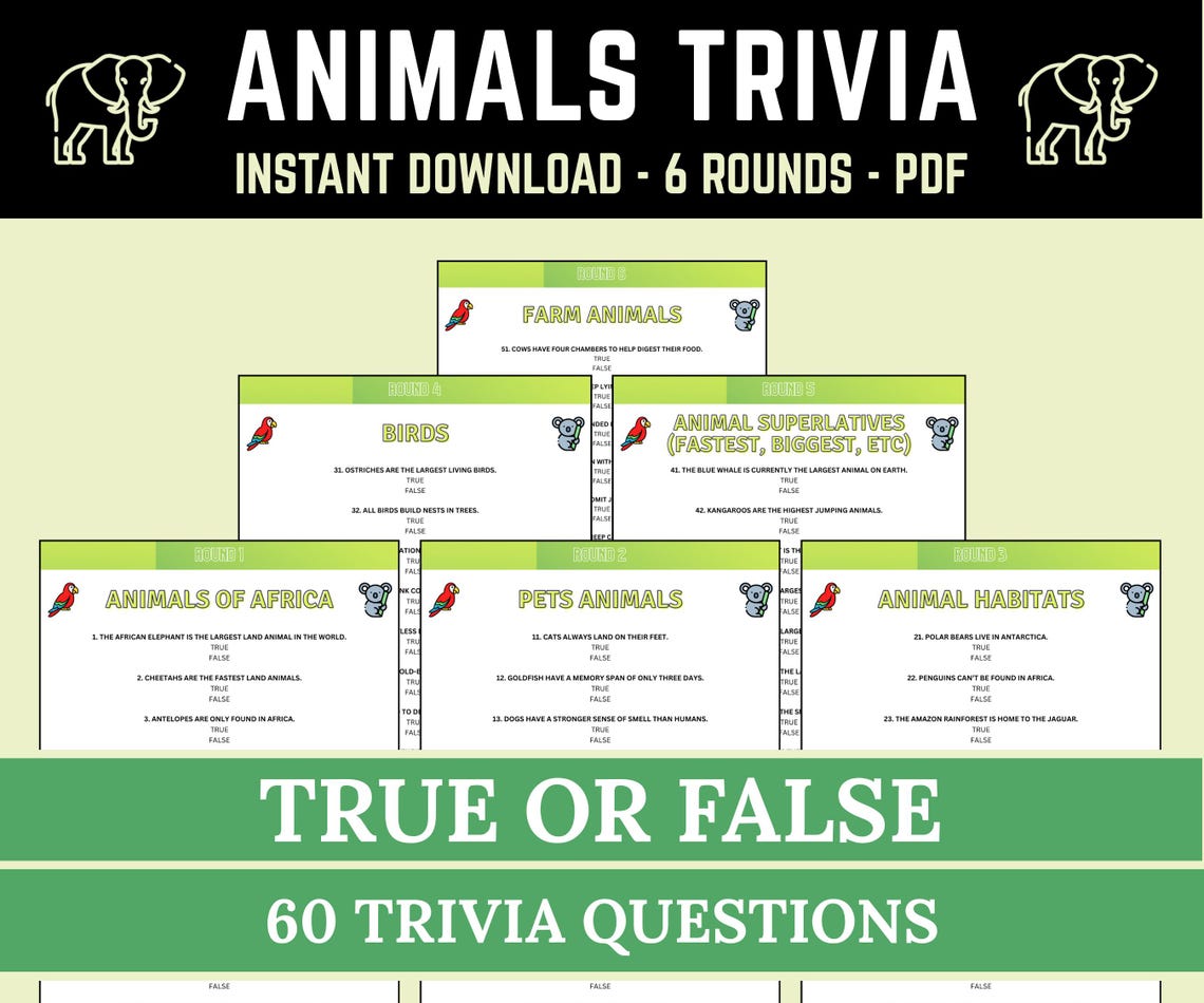 True or False Animals Trivia Game, Printable Animals Questions, Fun ...