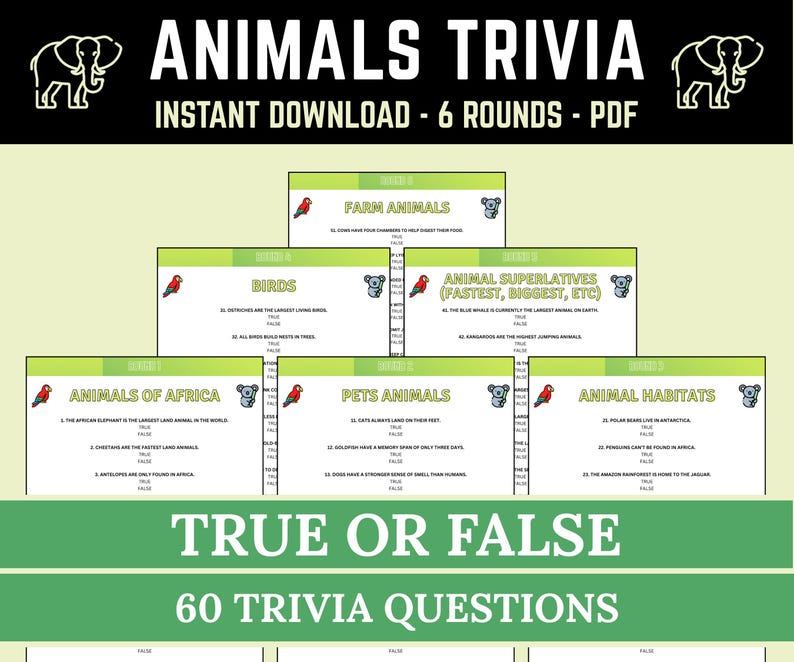 True or False Animals Trivia Game, Printable Animals Questions, Fun ...