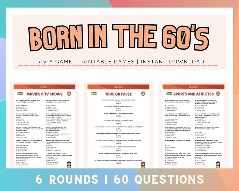 Born in the 60s Trivia | Fun Printable Trivia Game | 60 Trivia Night ...