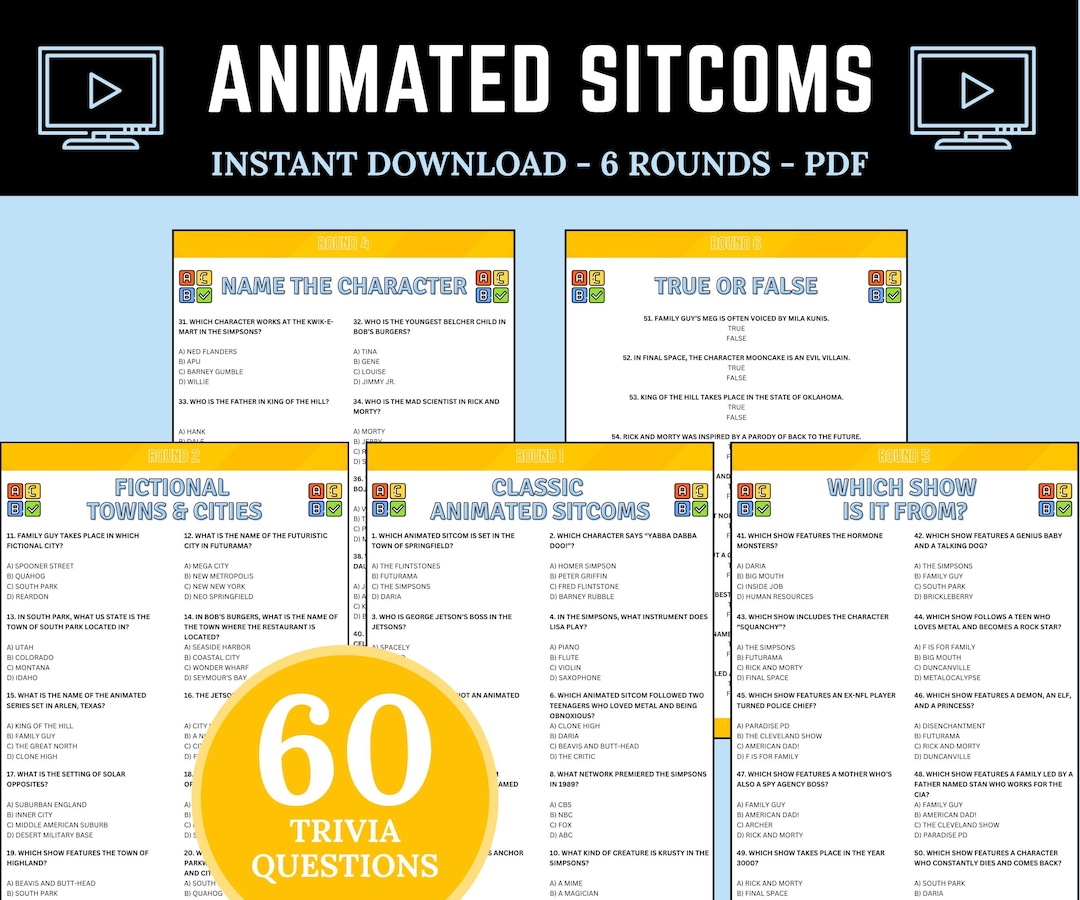 Animated Sitcoms Trivia Game | Printable Animated Sitcoms Quiz ...