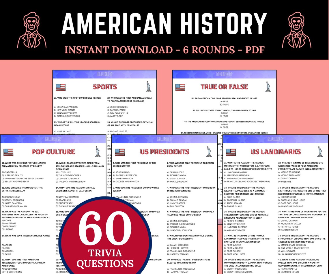 American History Trivia | Printable Trivia Game | Trivia Night ...