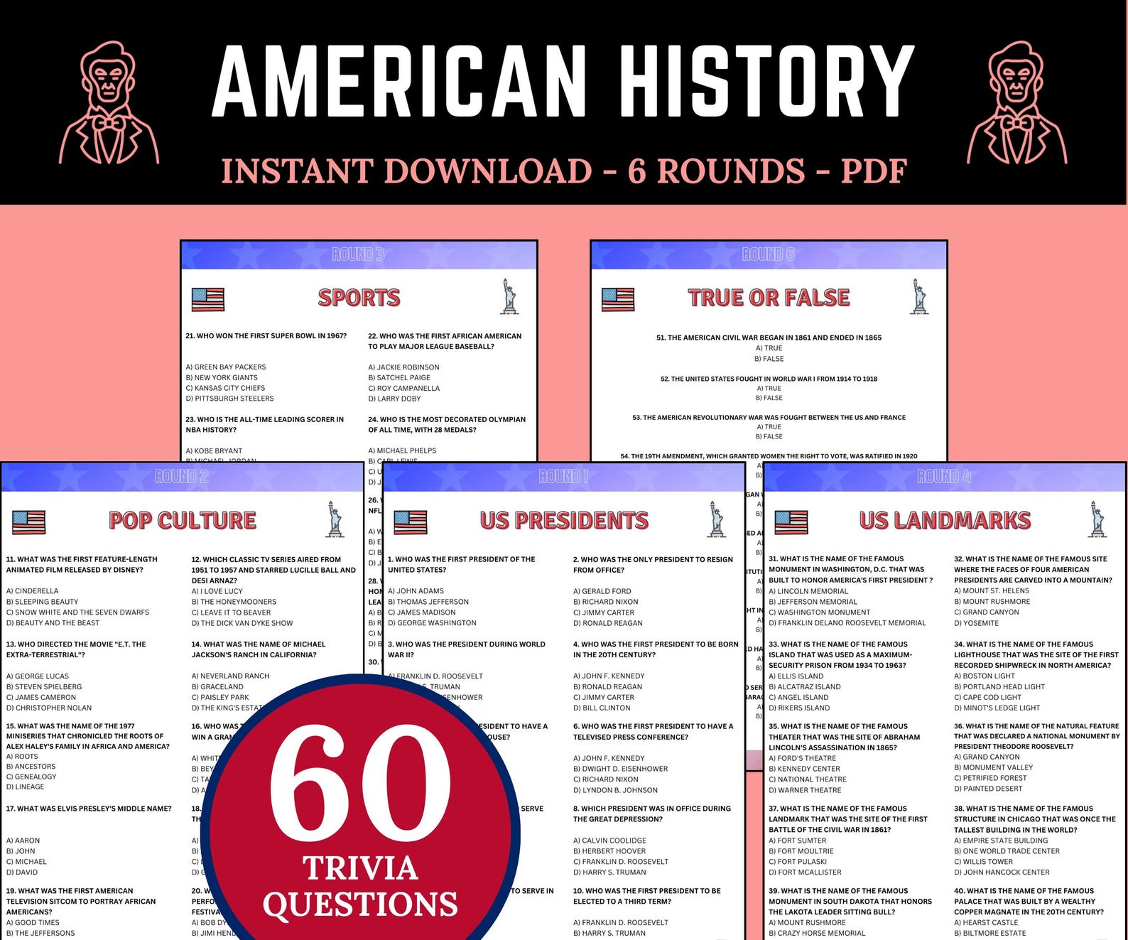 American History Trivia | Printable Trivia Game | Trivia Night ...