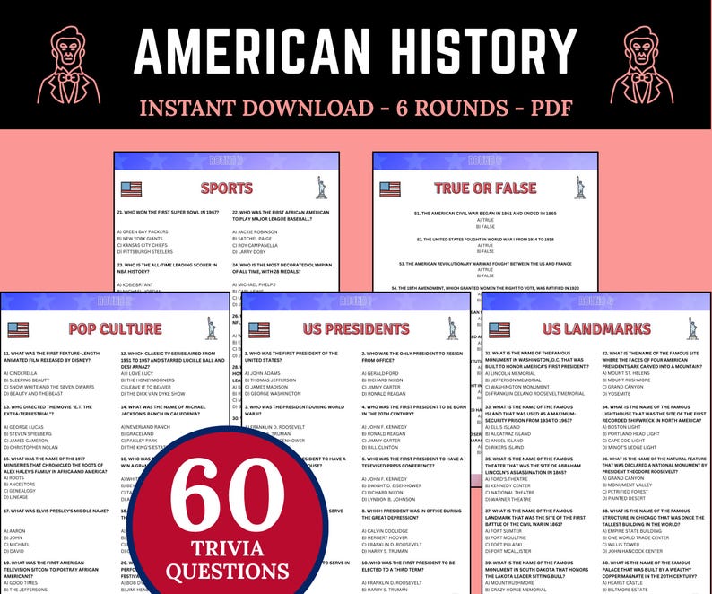American History Trivia | Printable Trivia Game | Trivia Night ...