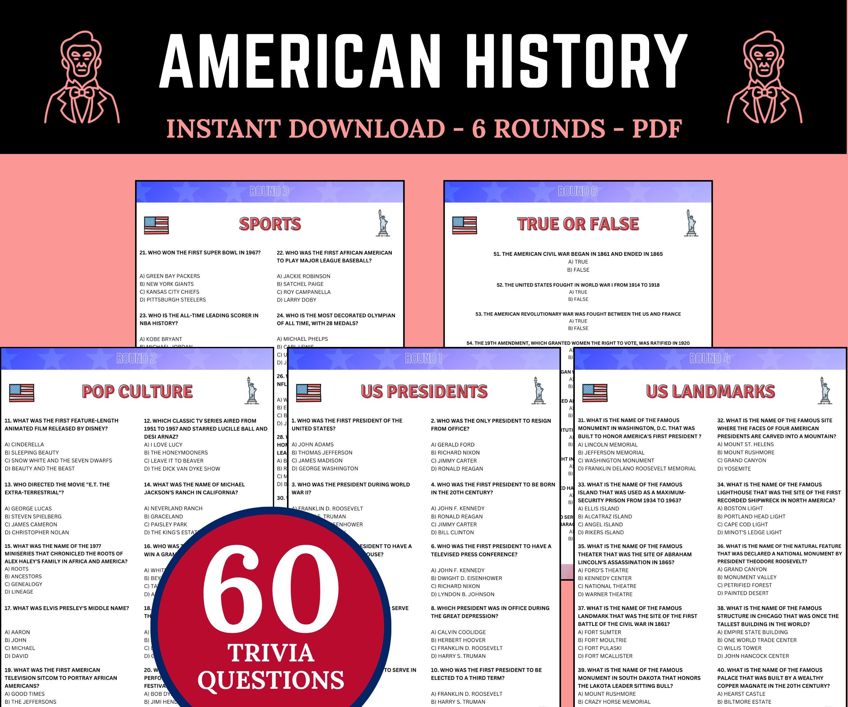 American History Trivia | Printable Trivia Game | Trivia Night ...