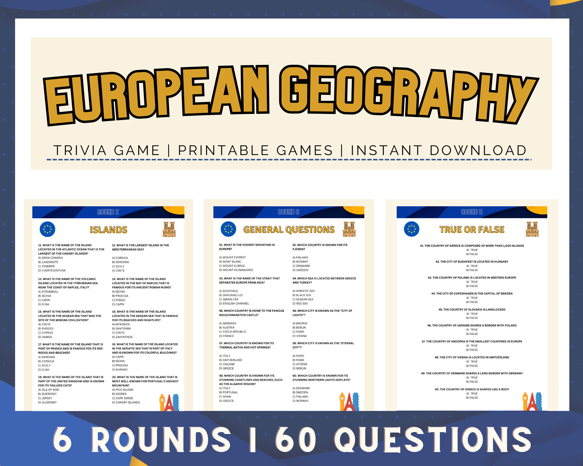 European Geography Trivia Printable Trivia Game 60 Trivia Night ...