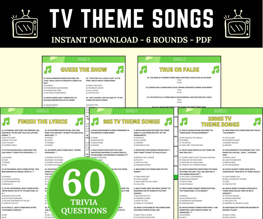 Printable TV Theme Songs Trivia Quiz | Family Game Night Activity ...