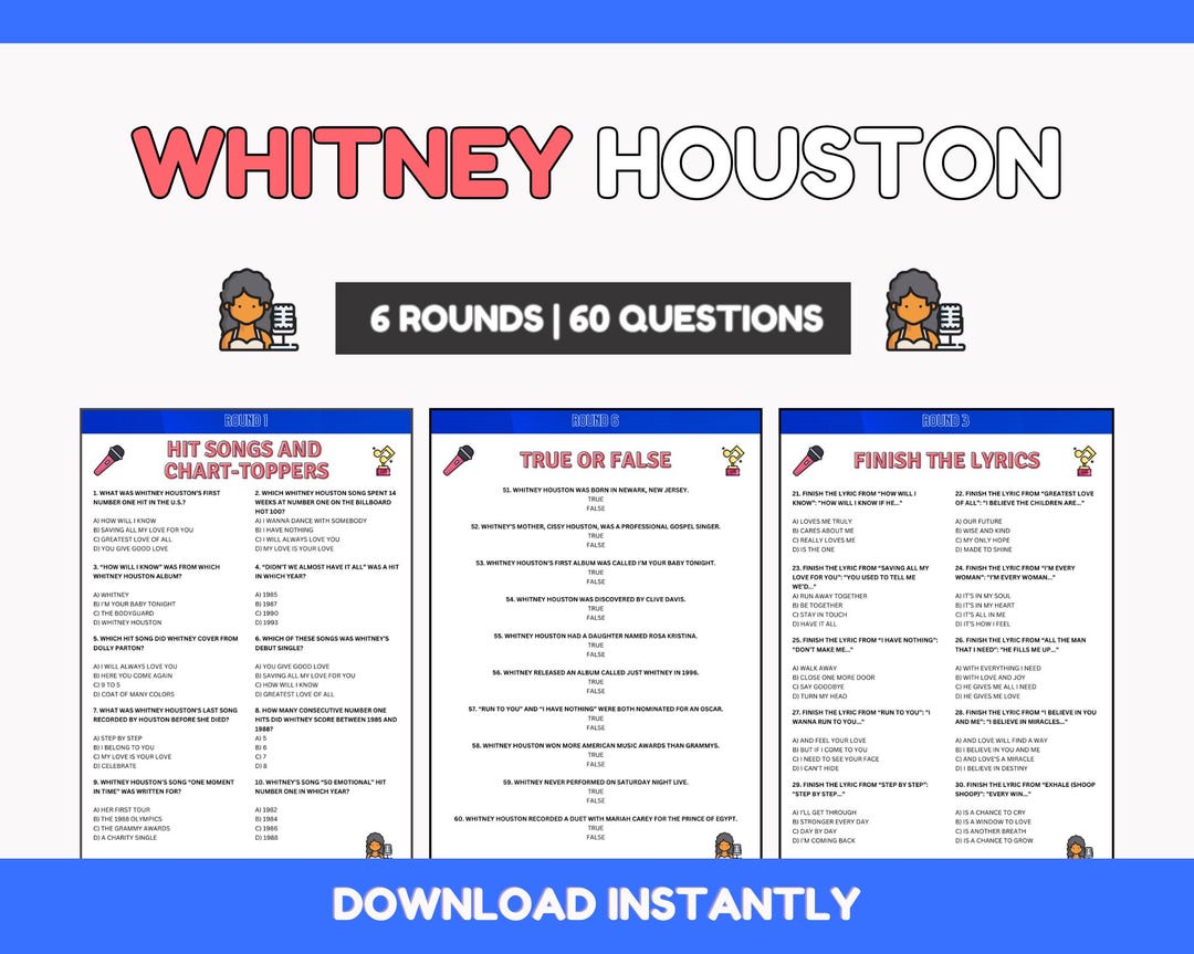 Whitney Houston Trivia Game, Printable Whitney Houston Music Quiz, 80s ...