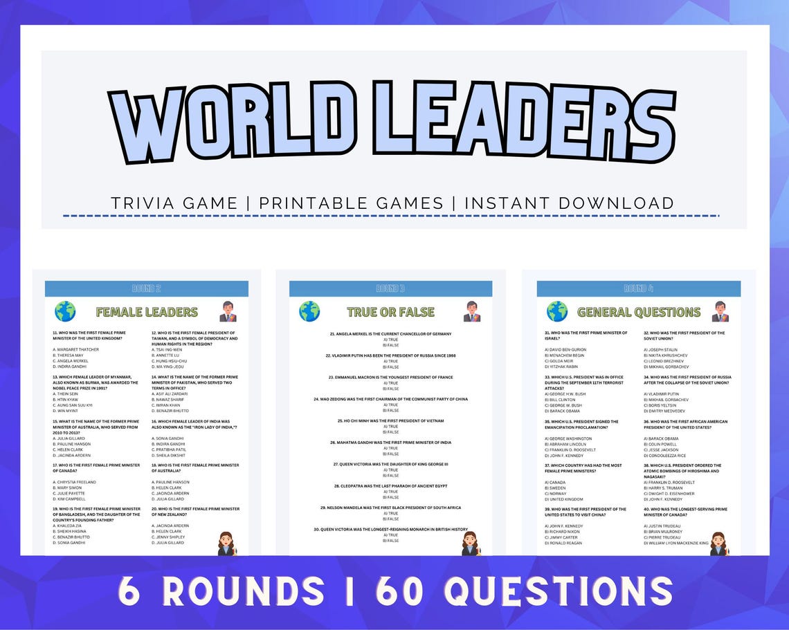 World Leaders Trivia | Fun Printable Politics Game | History Trivia ...