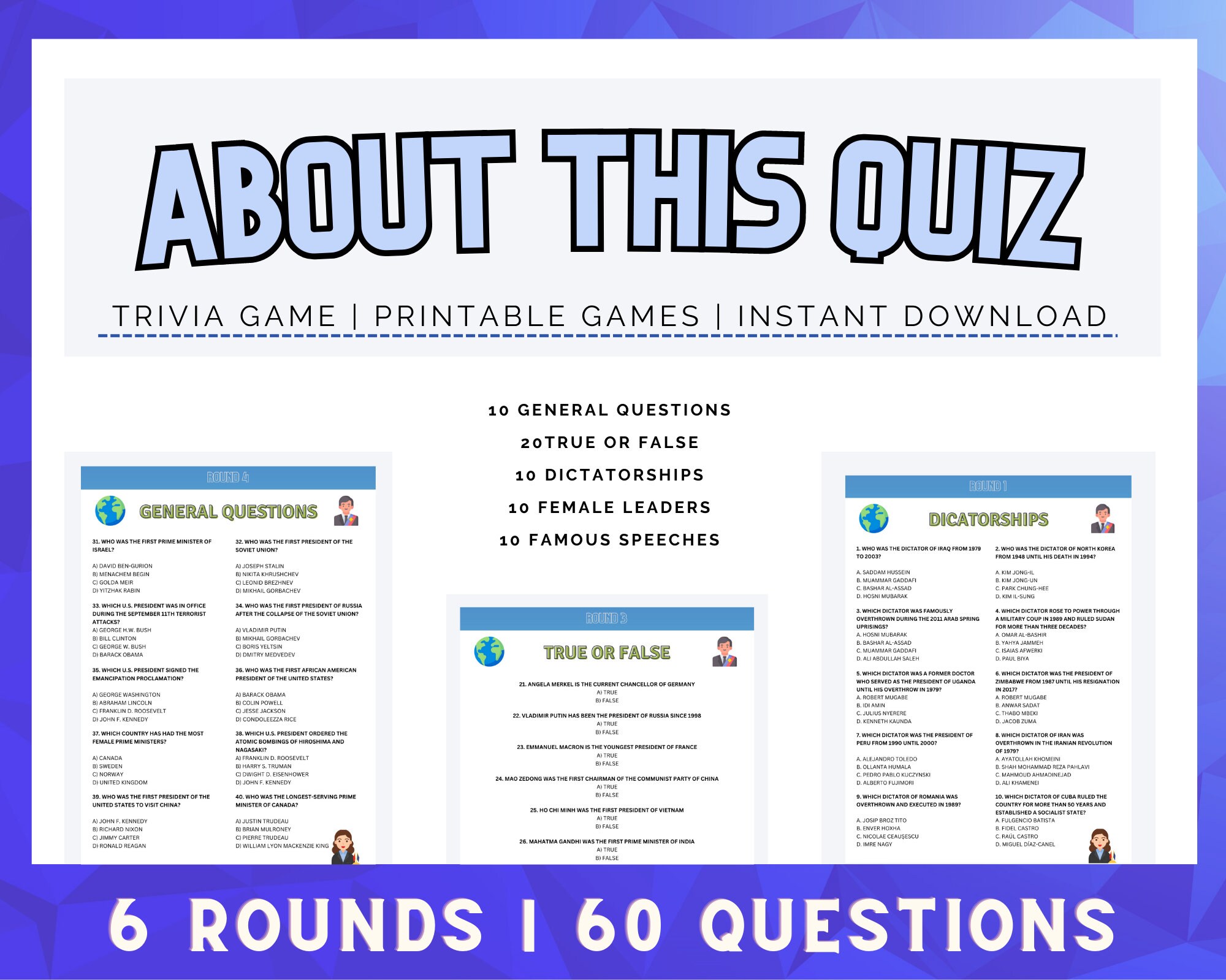 World Leaders Trivia | Fun Printable Politics Game | History Trivia ...