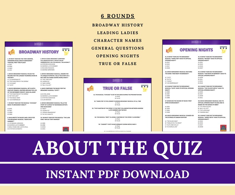 Broadway Musicals Trivia | Printable Trivia Game | Music Trivia Night ...