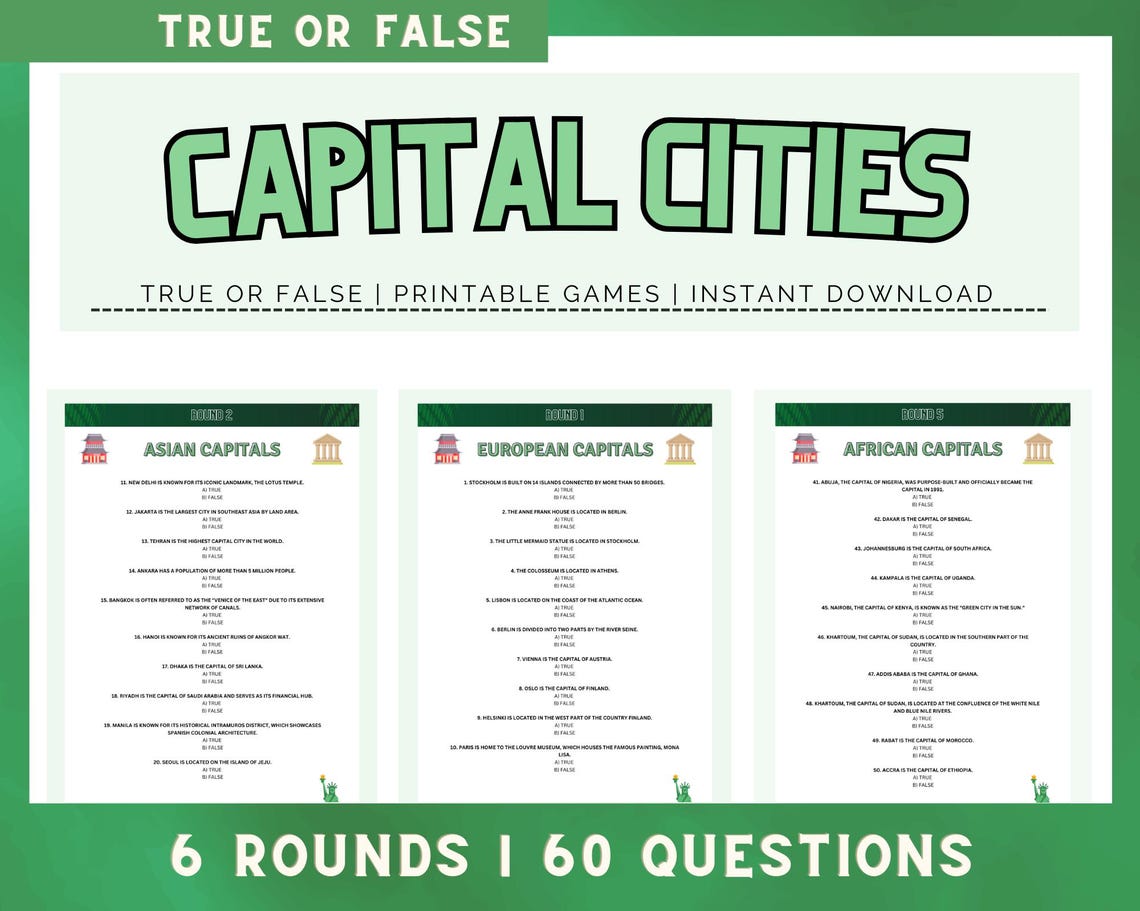 Capital Cities True or False Trivia | Fact or Fiction Game | 60 True or ...
