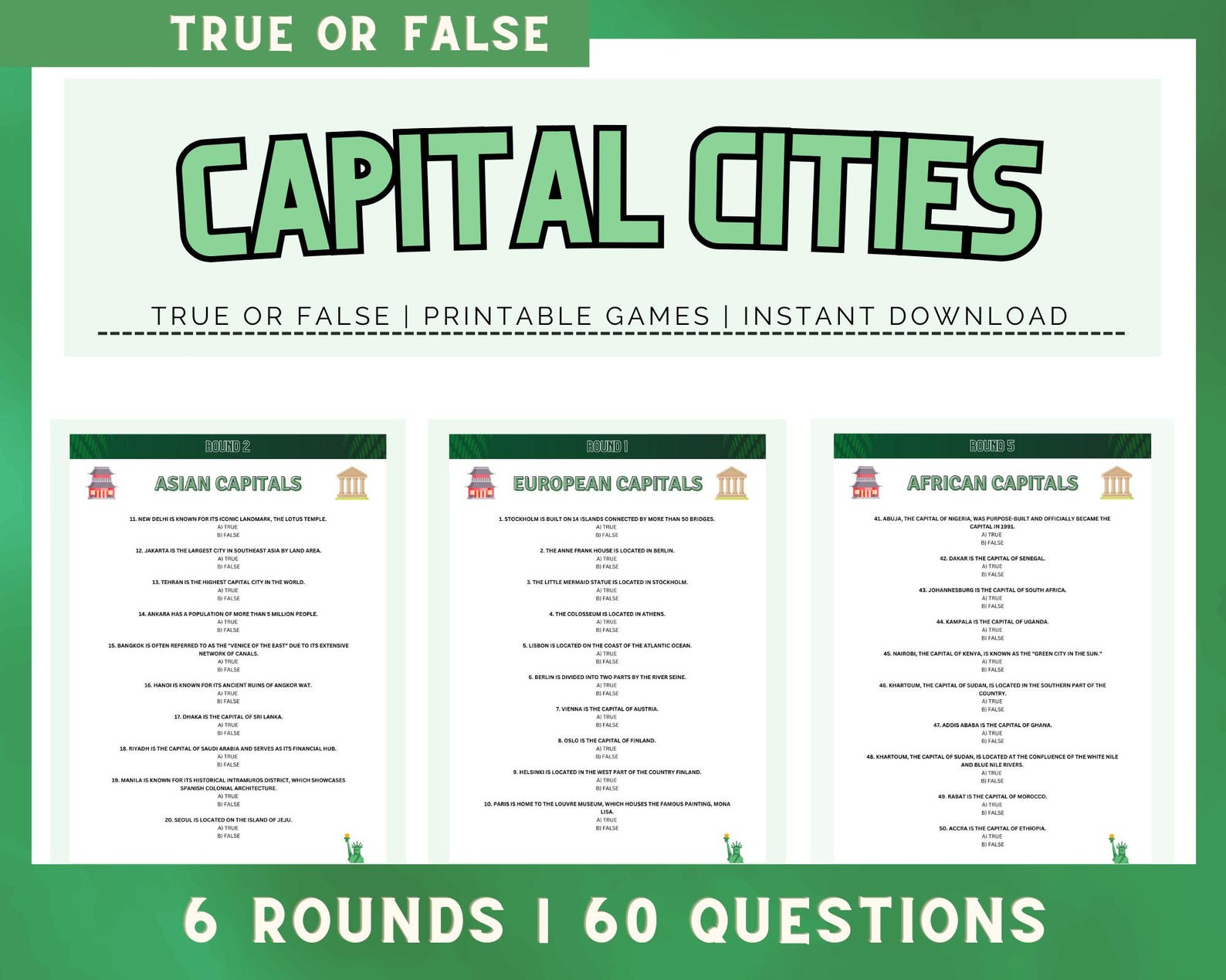 Capital Cities True or False Trivia | Fact or Fiction Game | 60 True or ...