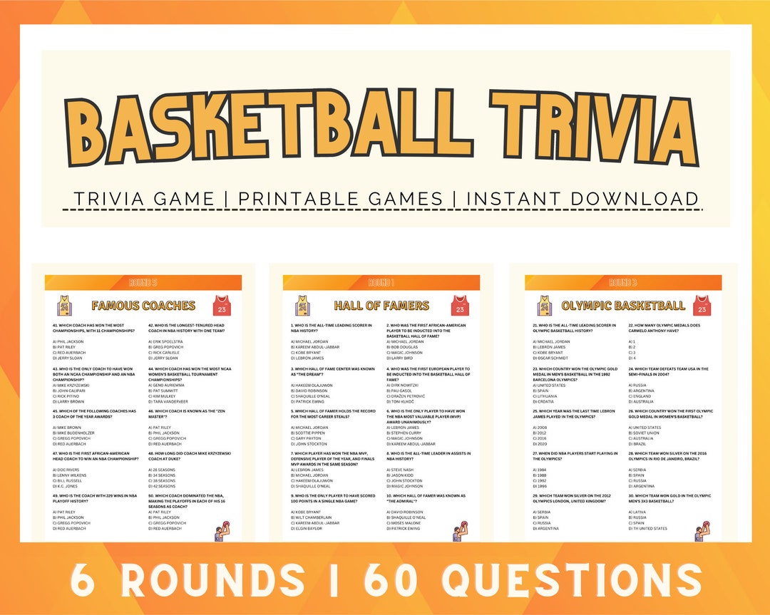 The Basketball Trivia Fun Printable Trivia Game 60 Trivia Questions for ...