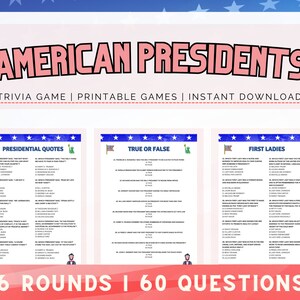 United States President Trivia | Printable Trivia Game | 60 Trivia ...