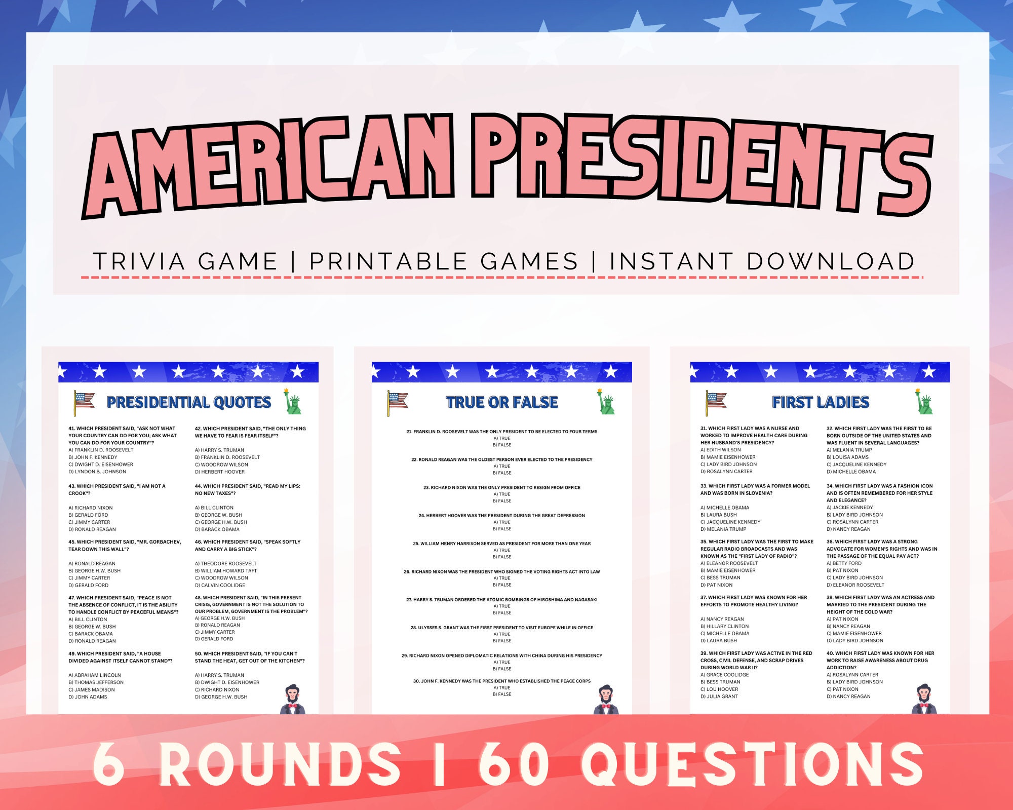 United States President Trivia | Printable Trivia Game | 60 Trivia ...