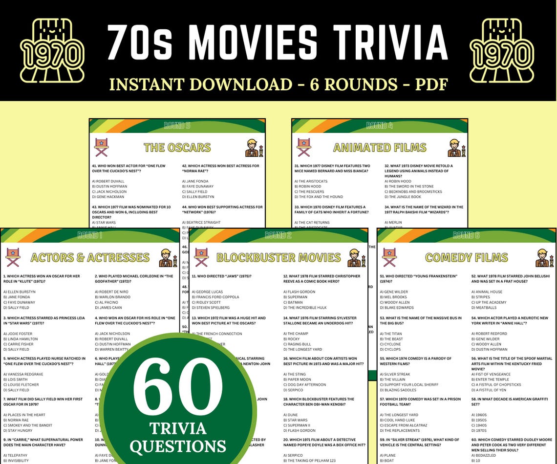 70s Movies Trivia Printable | Classic 1970s Film Quiz Questions | Fun ...