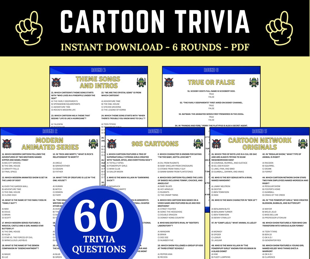 Printable Cartoon Trivia Game | Cartoon Characters Quiz | Fun Party ...