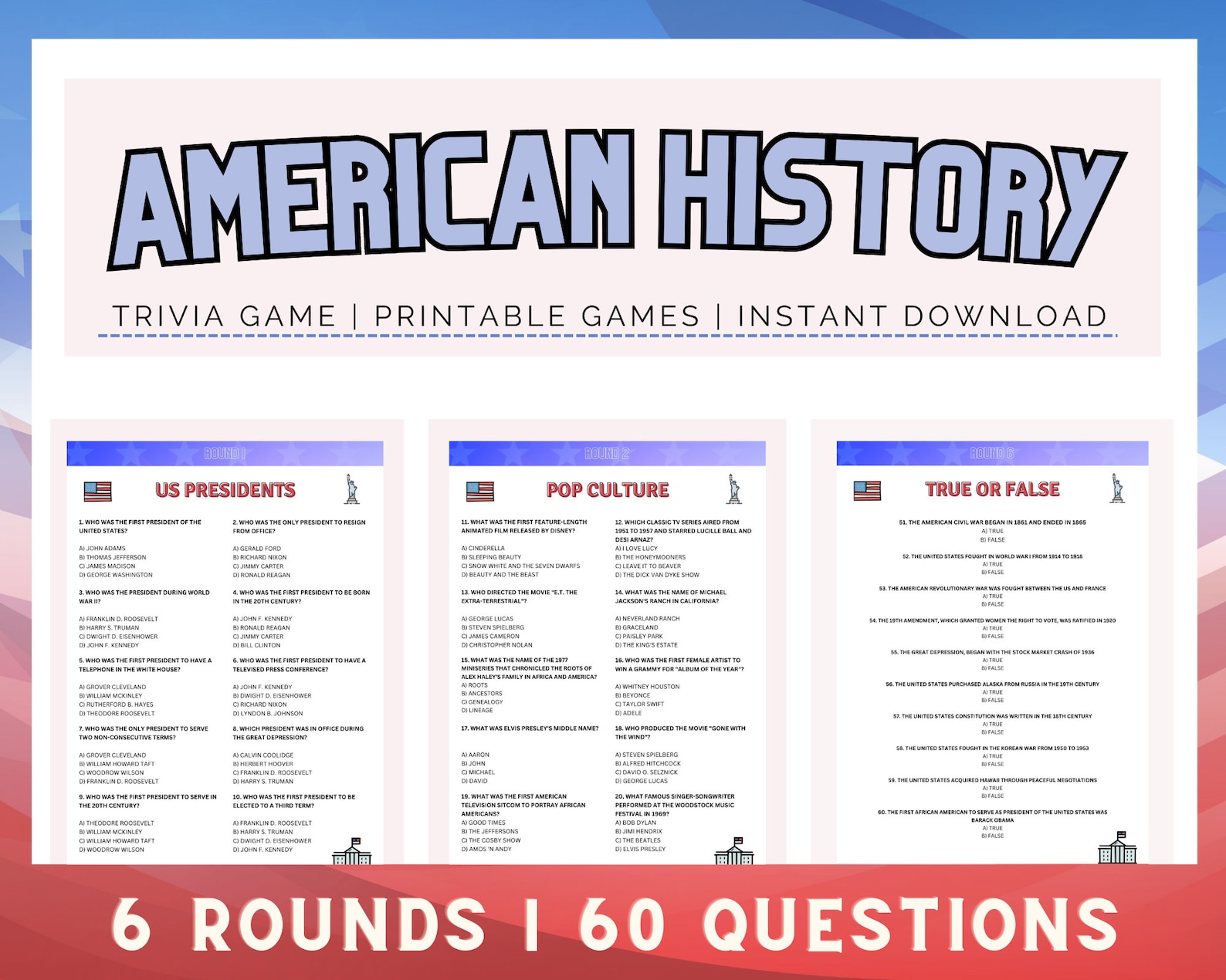 American History Trivia | Printable Trivia Game | Trivia Night ...
