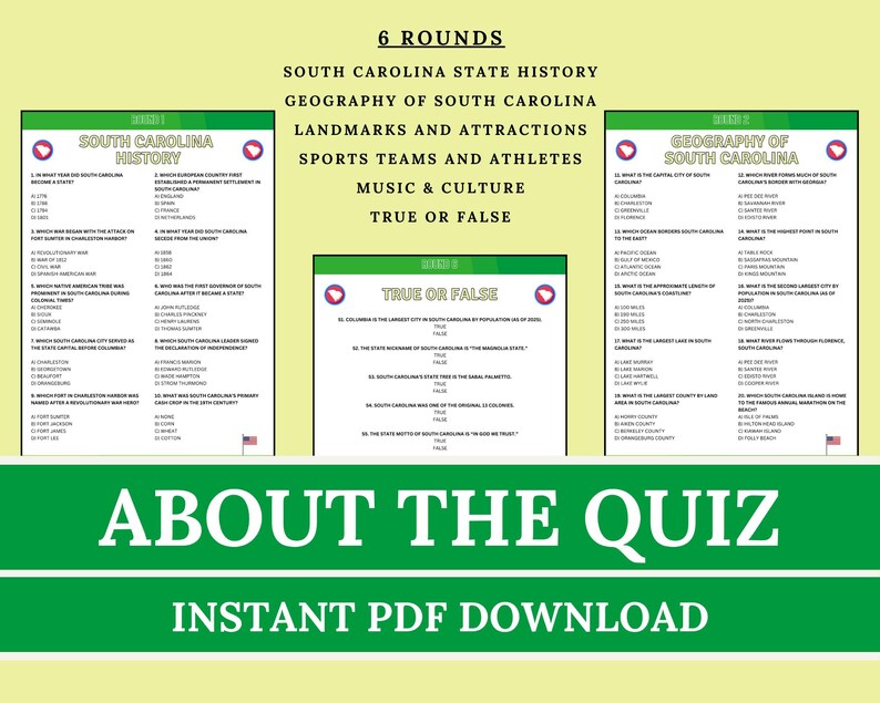 South Carolina Trivia Game, Printable South Carolina Quiz, US States ...
