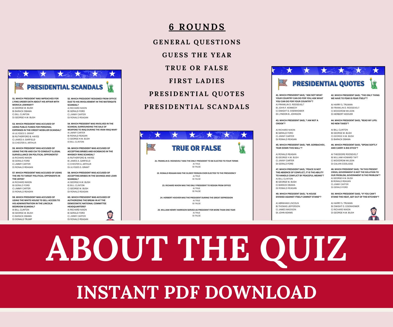 United States President Trivia | Printable Trivia Game | 60 Trivia ...